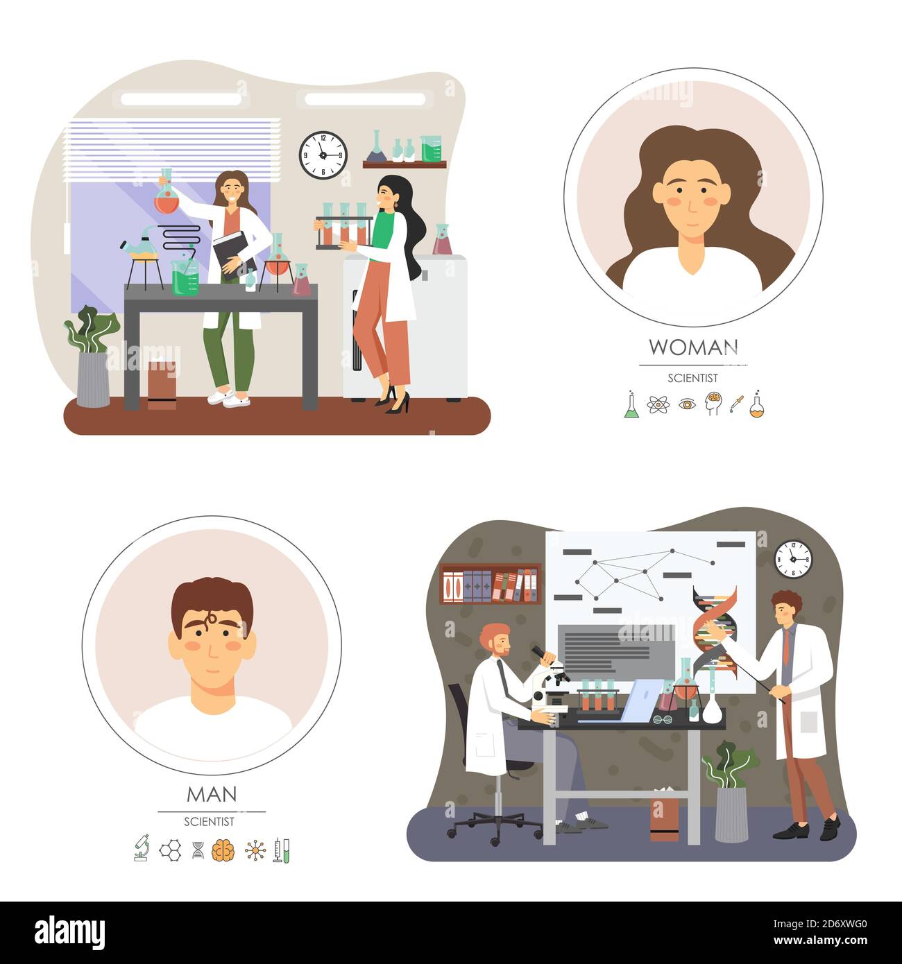 Genetic and chemistry science laboratory set, flat vector illustration ...