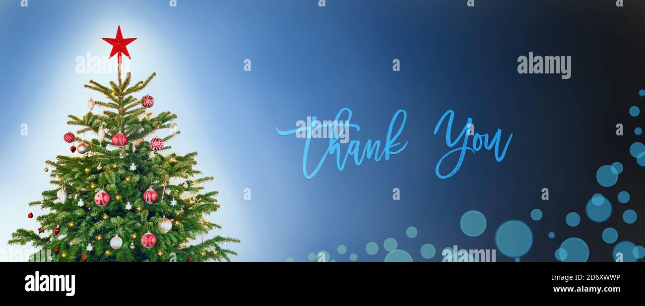 Christmas Tree With Decoration, Blue Background, Text Thank You Stock ...