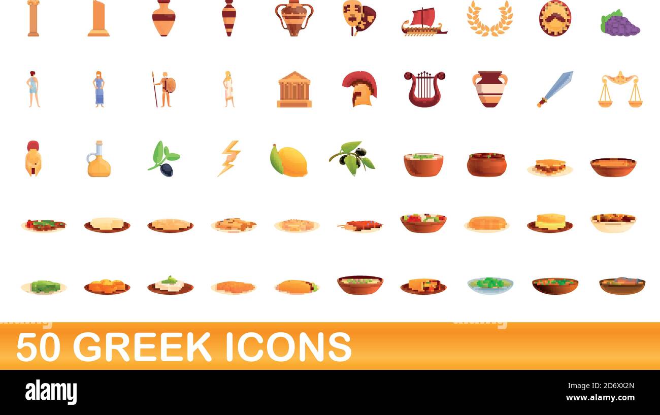 50 greek icons set. Cartoon illustration of 50 greek icons vector set ...