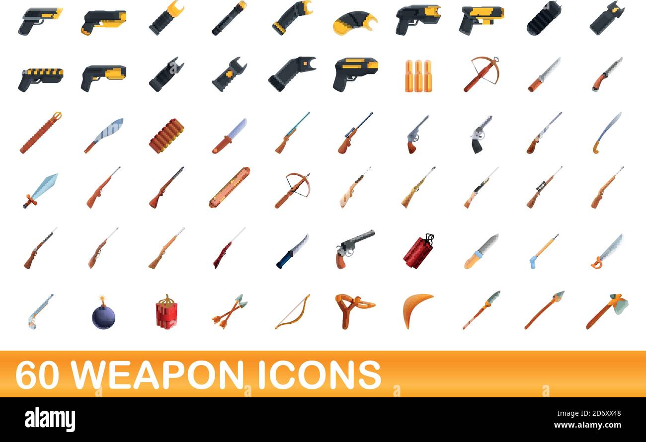 60 weapon icons set. Cartoon illustration of 60 weapon icons vector set ...