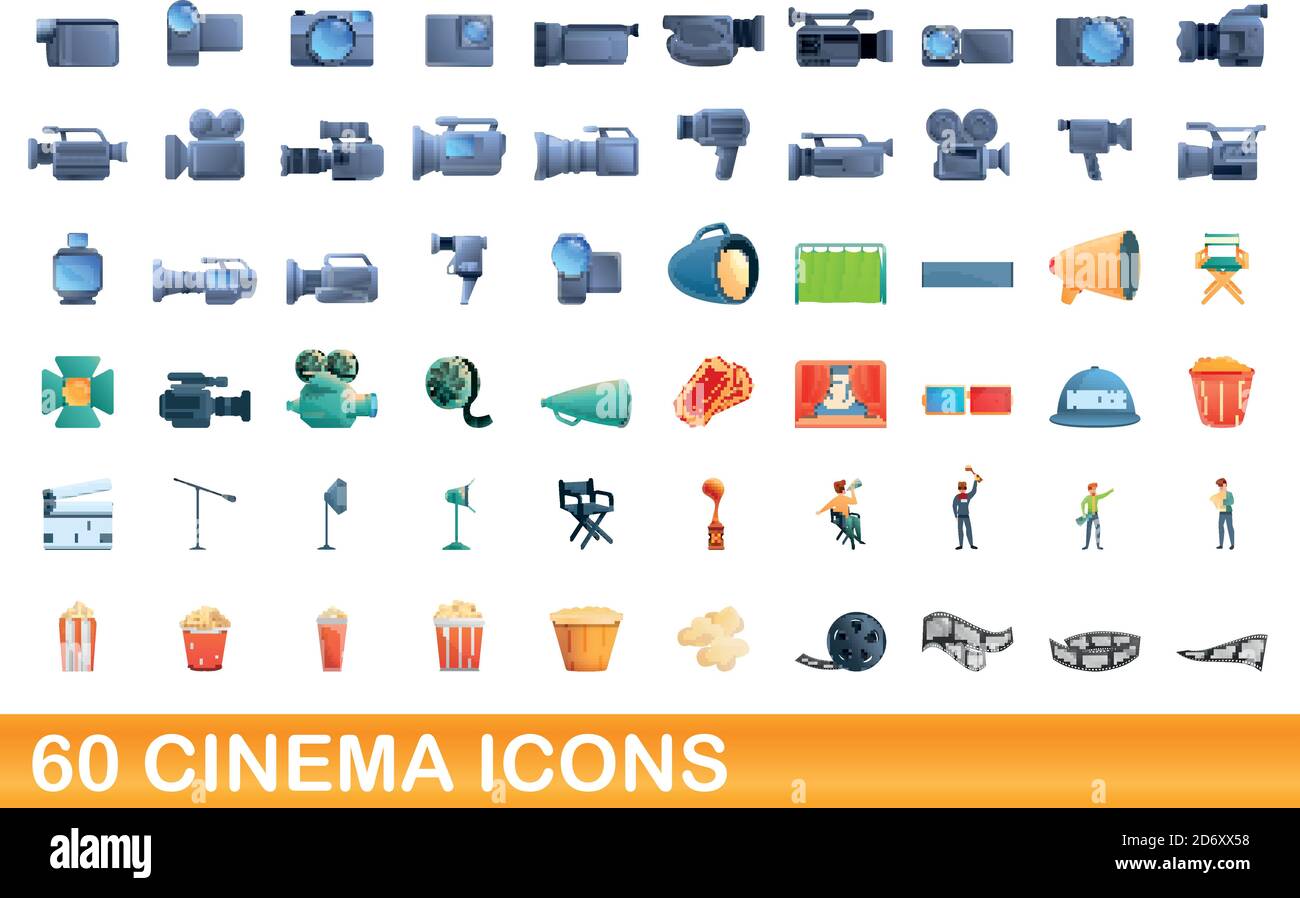 60 cinema icons set. Cartoon illustration of 60 cinema icons vector set ...