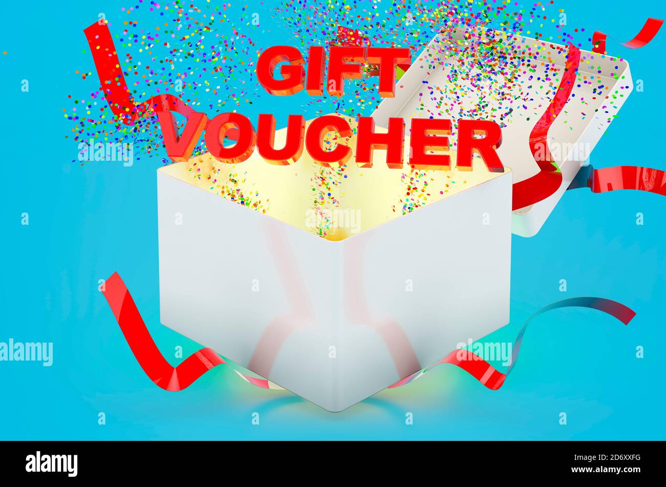 Gift Voucher concept, text inside gift box. 3D rendering on blue ...