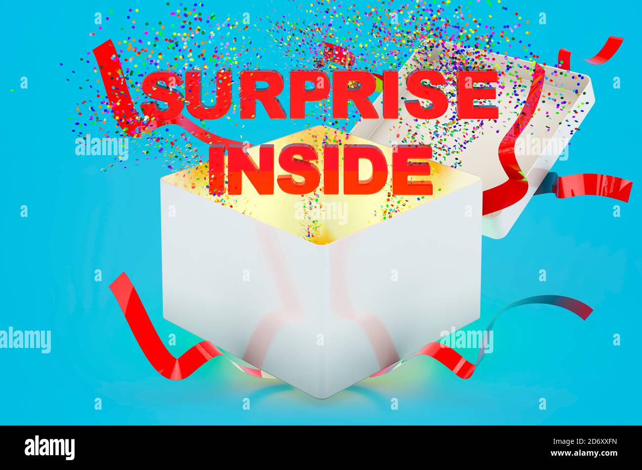Surprise text inside gift box. 3D rendering on blue background Stock ...
