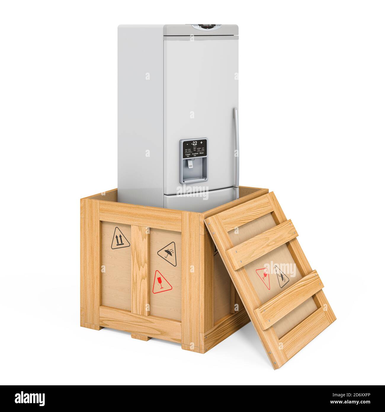 Refrigerator inside wooden box, delivery concept. 3D rendering isolated ...