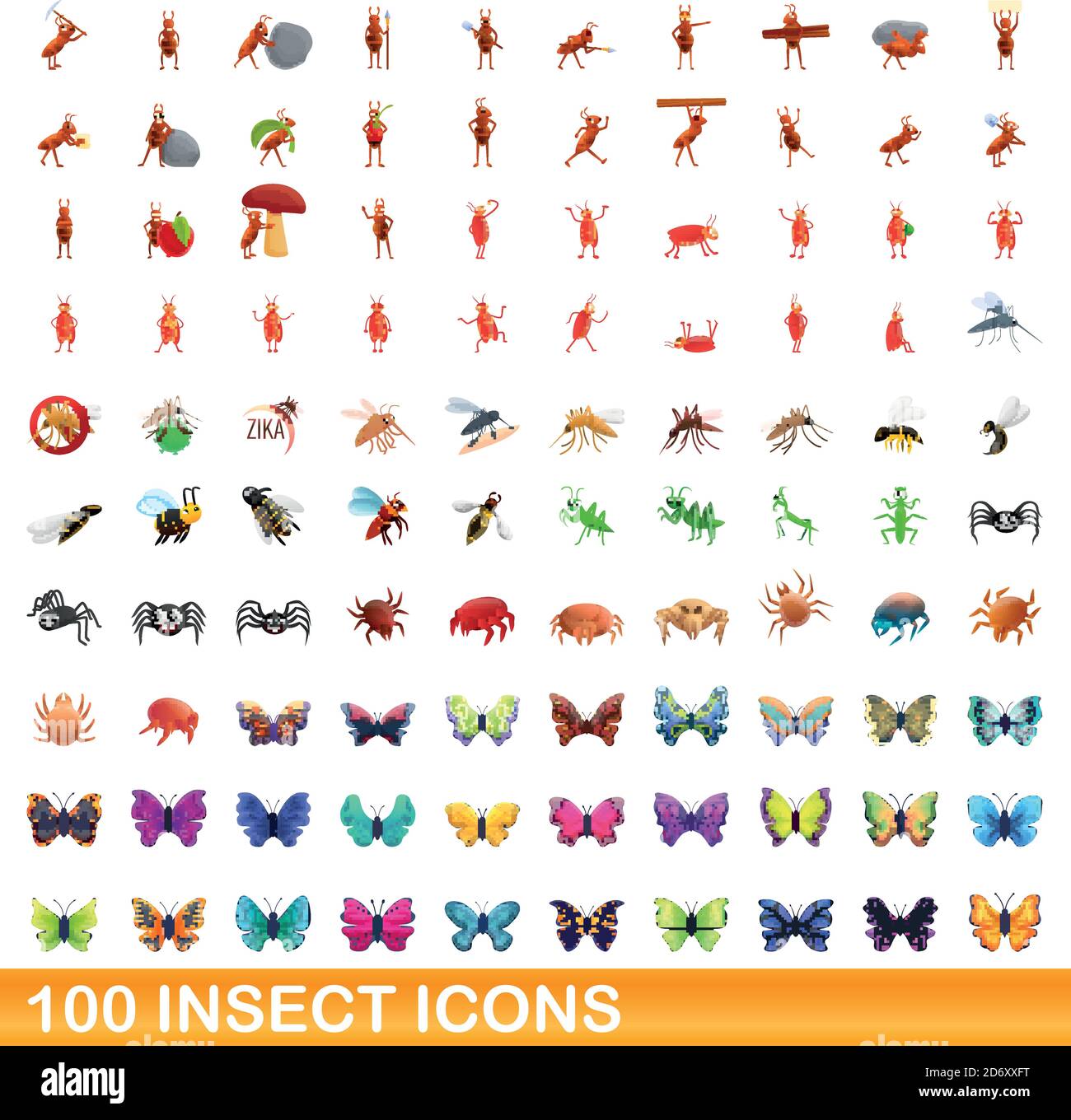 100 insect icons set. Cartoon illustration of 100 insect icons vector ...