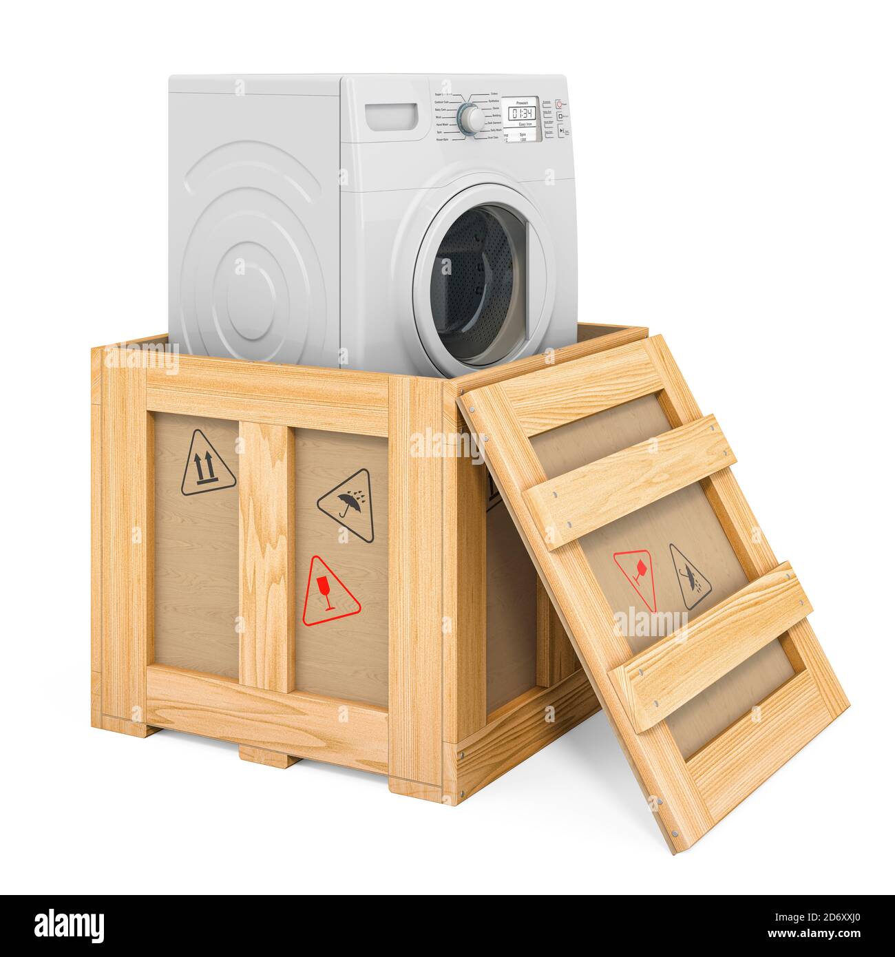 Washing machine inside wooden box, delivery concept. 3D rendering ...