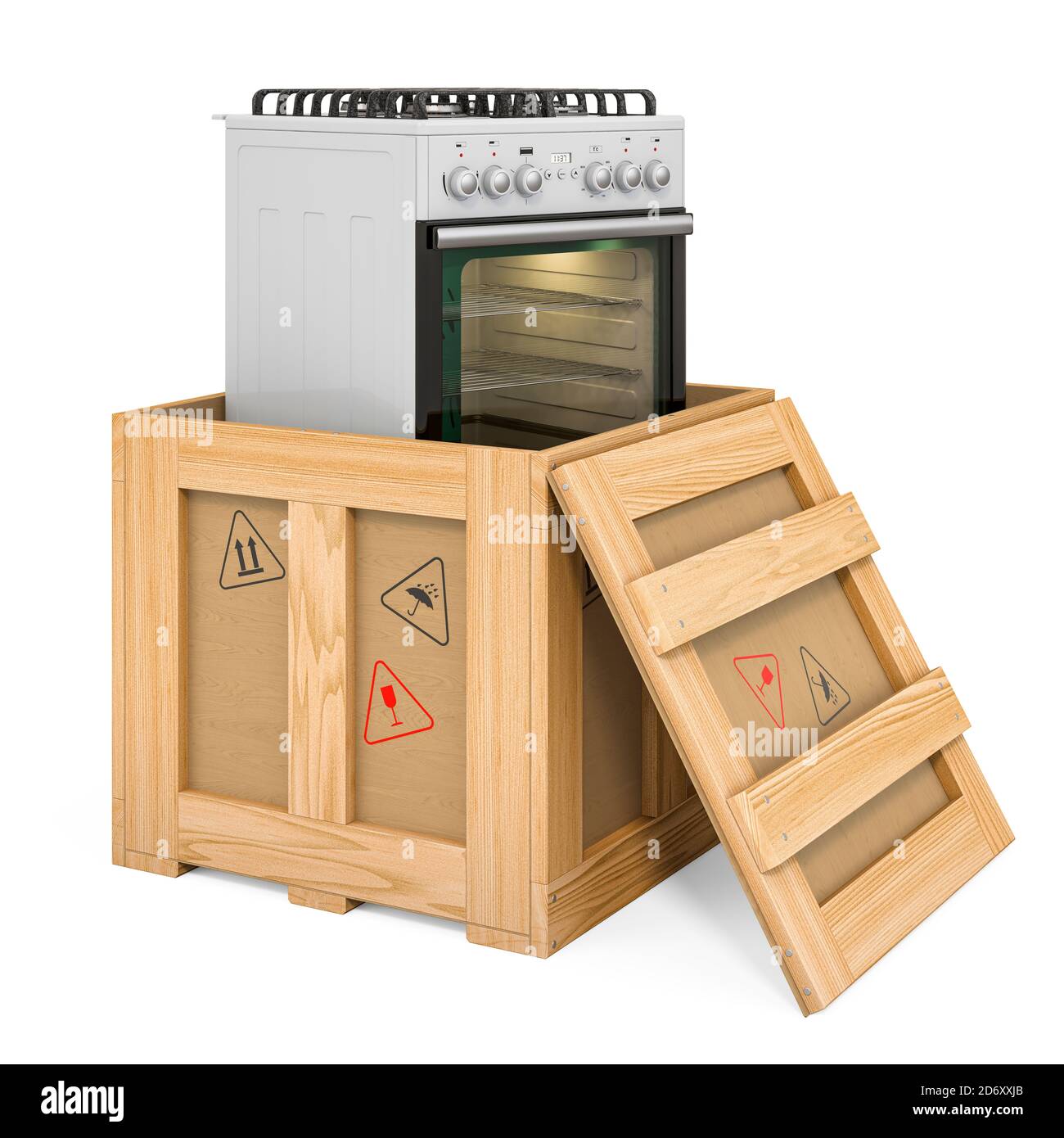 Gas range inside wooden box, delivery concept. 3D rendering isolated on ...