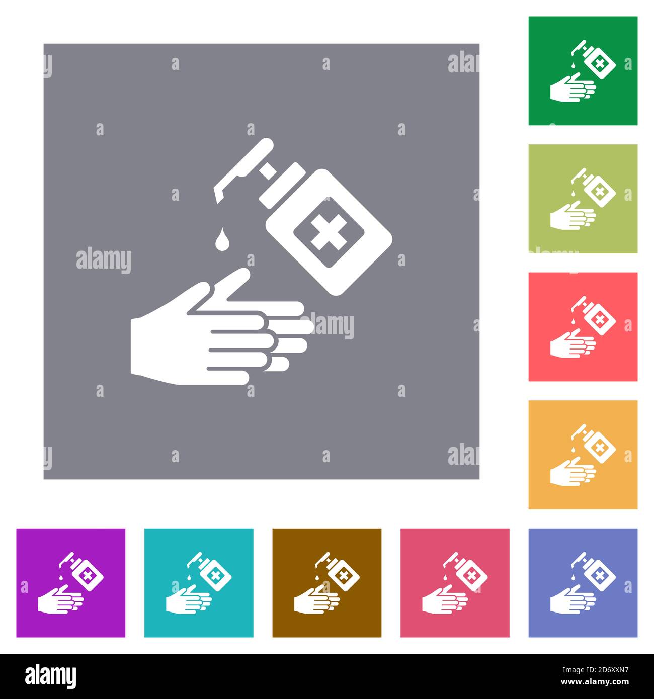 Hand washing with hand sanitizer flat icons on simple color square ...