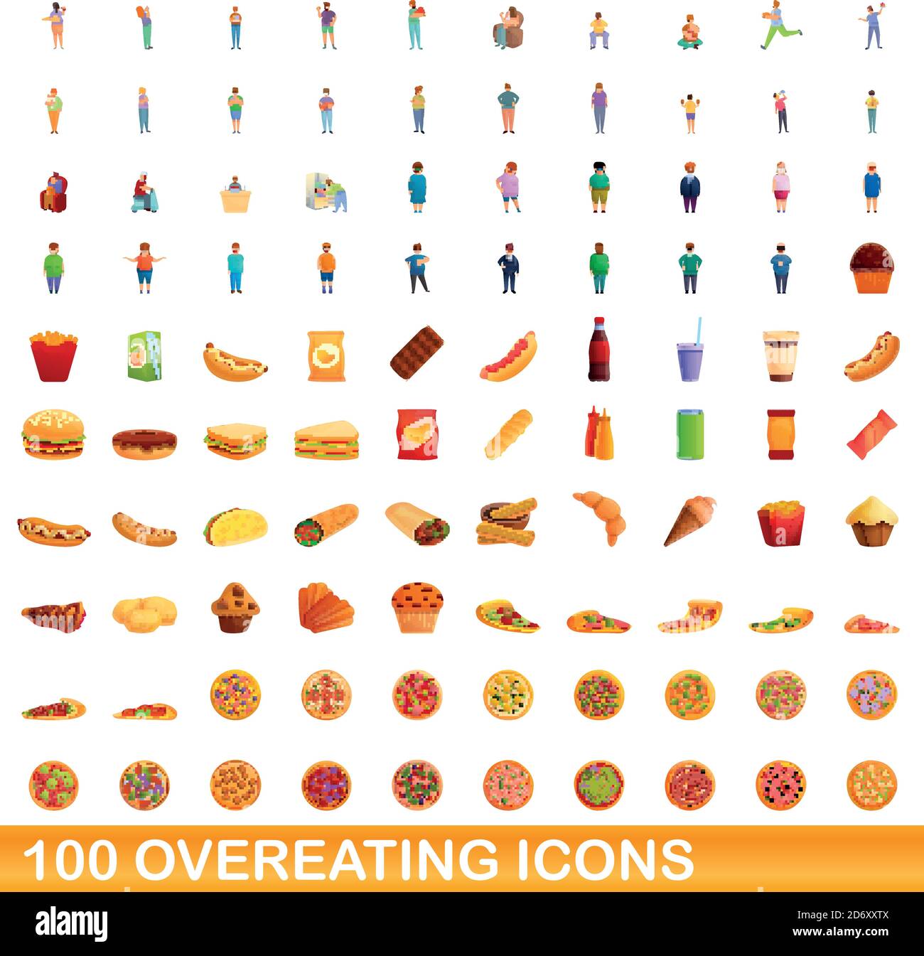 100 overeating icons set. Cartoon illustration of 100 overeating icons ...