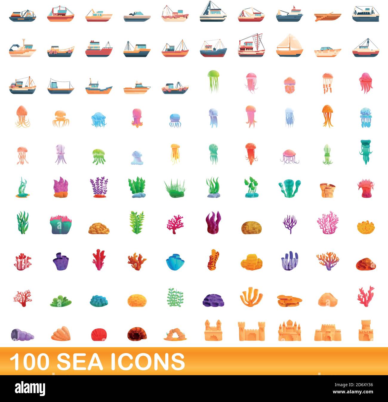 100 sea icons set. Cartoon illustration of 100 sea icons vector set ...