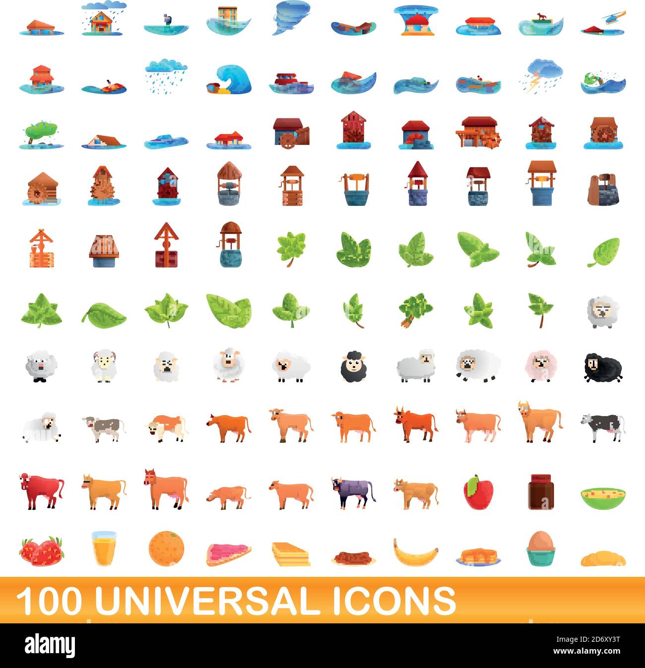 100 universal icons set. Cartoon illustration of 100 universal icons ...