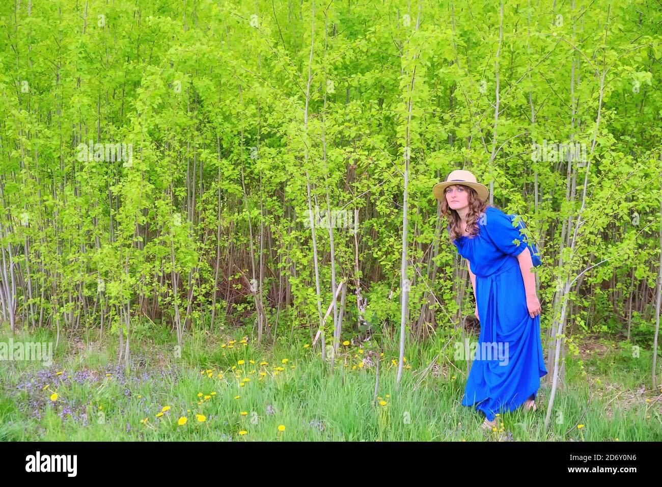 Girl looking from behind trees in a summer forest Stock Photo - Alamy