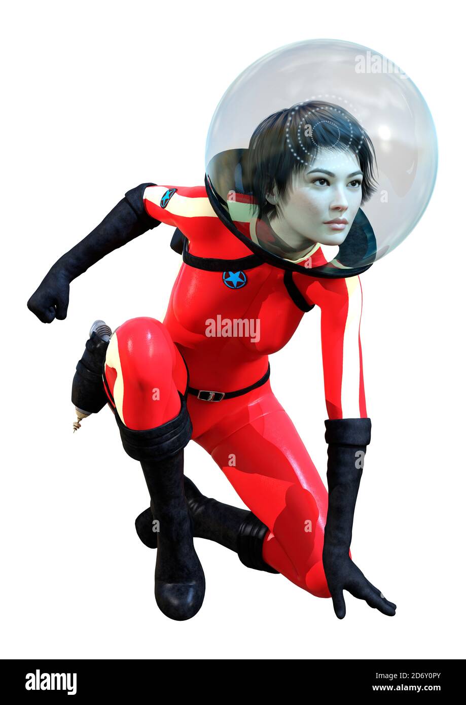 3D rendering of a sceince fiction astronaut woman in a red retro space ...