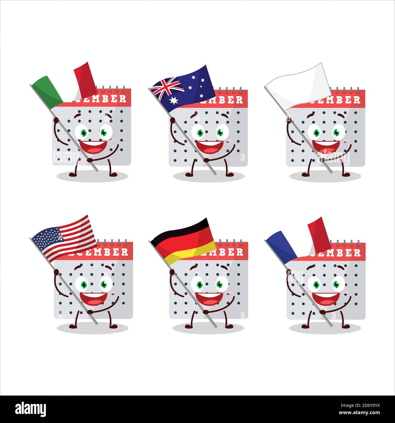 December calendar cartoon character bring the flags of various ...