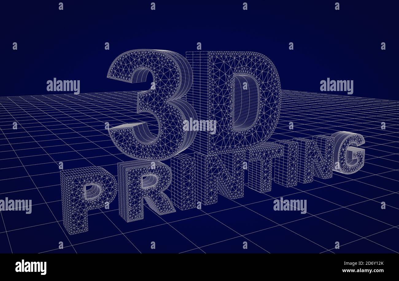 3D Printing Text - 3D Wireframe Render in blue background with lines ...