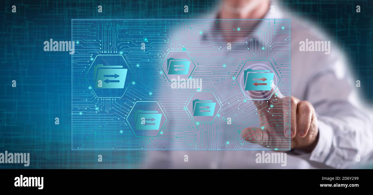 Man touching a data exchange concept on a touch screen with his finger ...