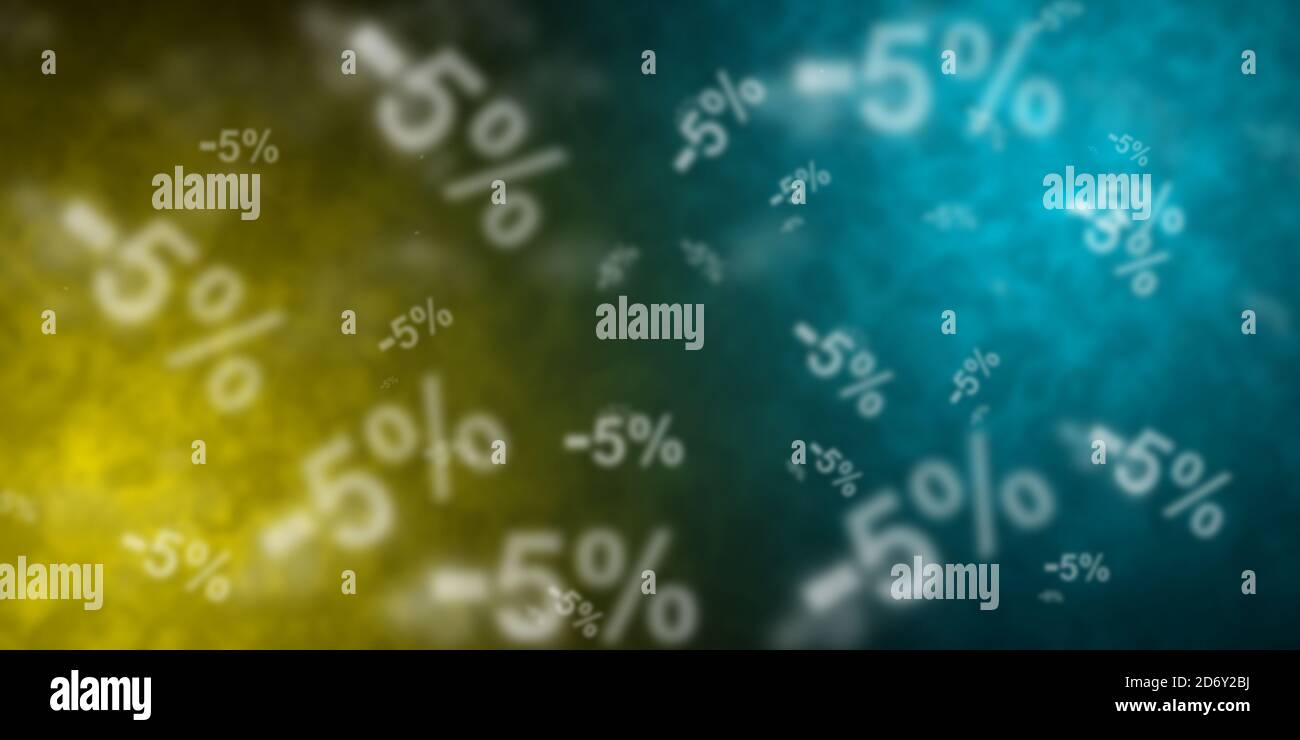 Flying -5% discount symbols over yellow and light blue background Stock ...