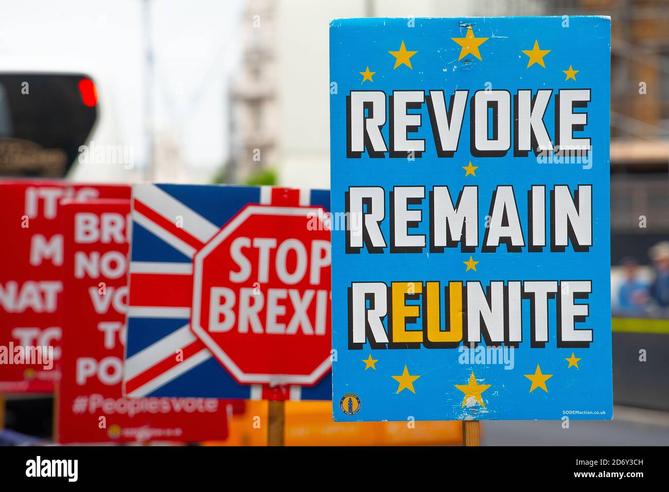 Anti-Brexit campaign poster being used by protesters outside the Houses ...