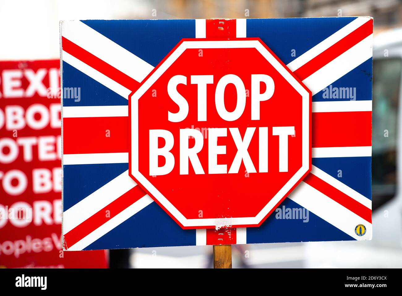 Anti-Brexit campaign poster being used by protesters outside the Houses ...