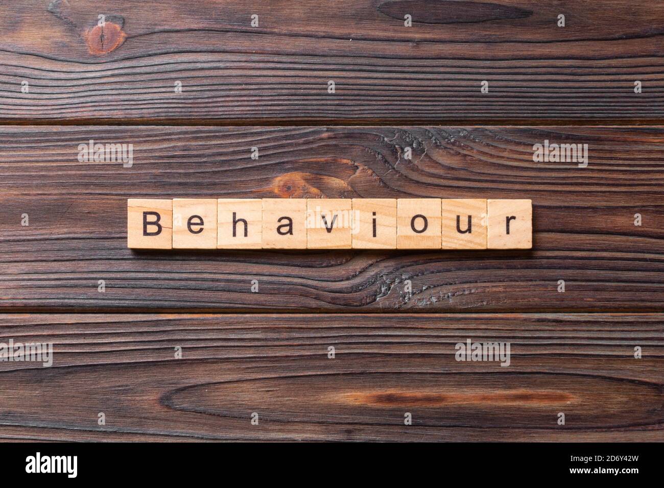BEHAVIOUR word written on wood block. BEHAVIOUR text on cement table ...
