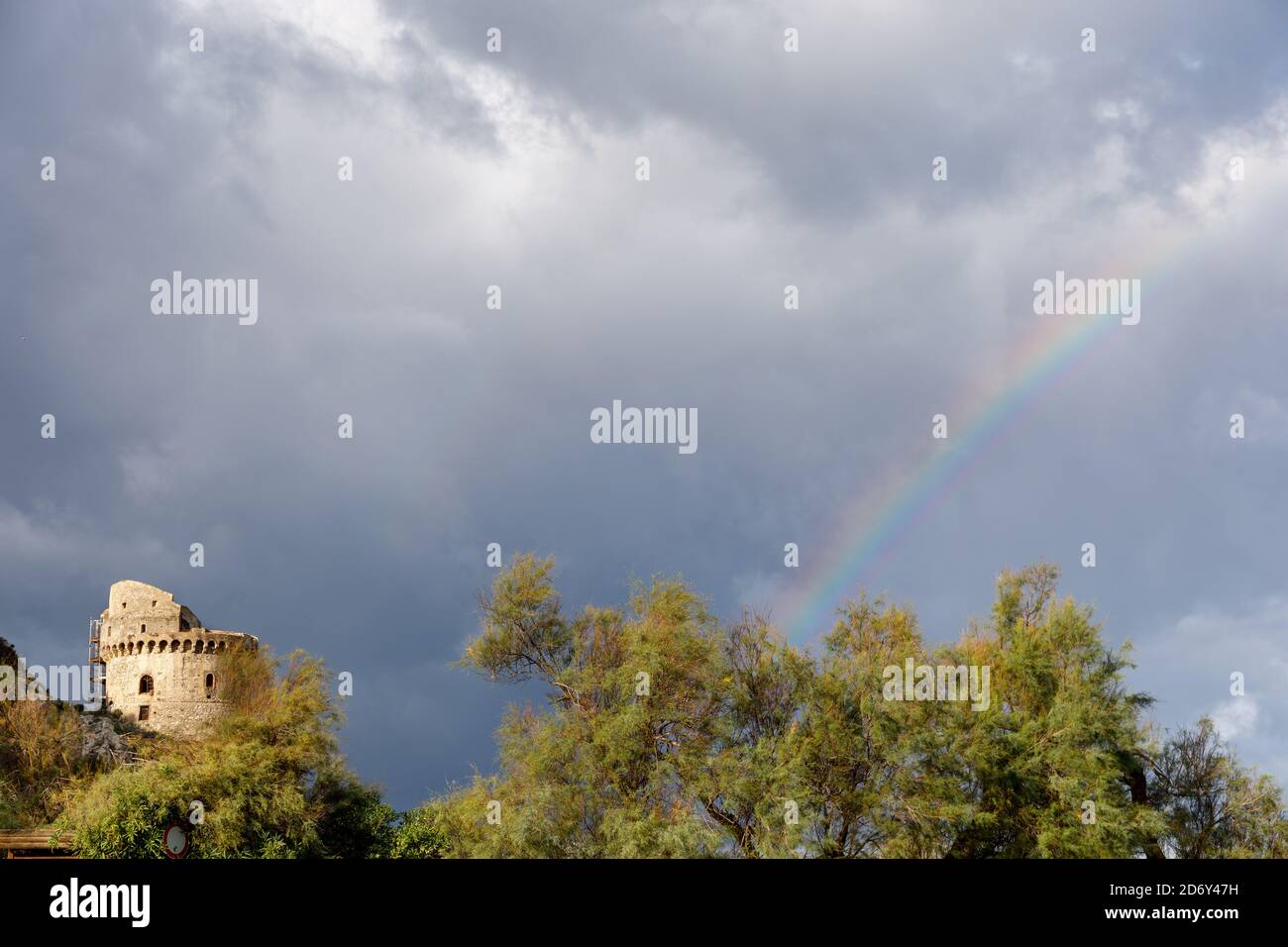 Rainbow and ancient fortified tower Stock Photo - Alamy