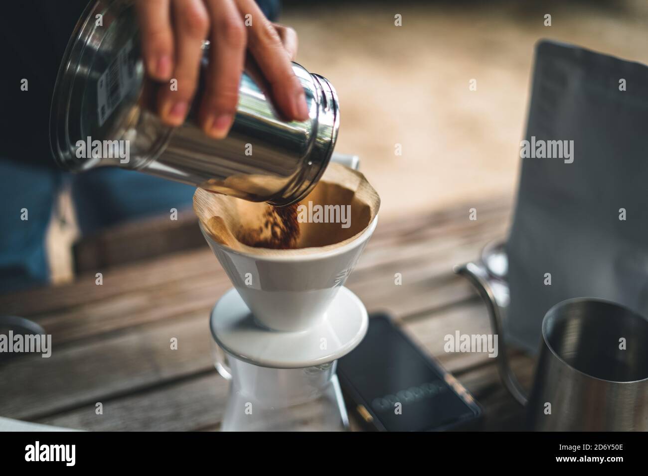 barista dripping coffee and slow coffee bar style drip coffee Stock ...