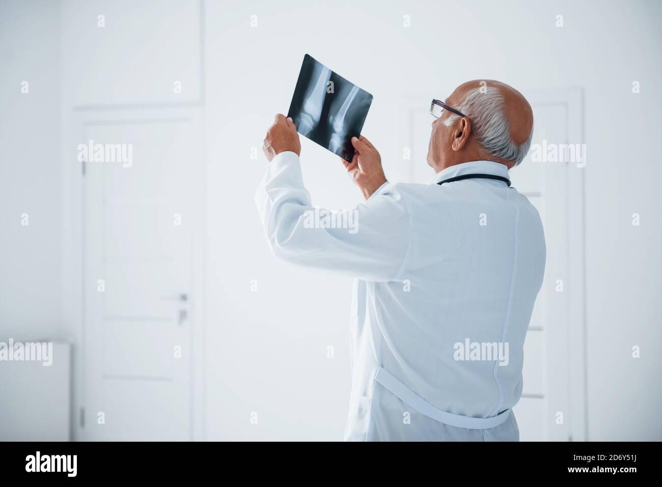 Senior man doctor in white uniform examines x-ray of human legs Stock ...