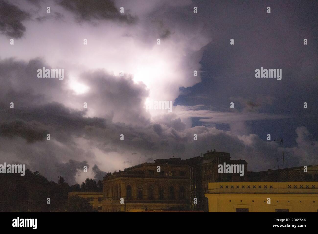 Lightning lights the nigh sky in Rome. From a series of travel photos ...