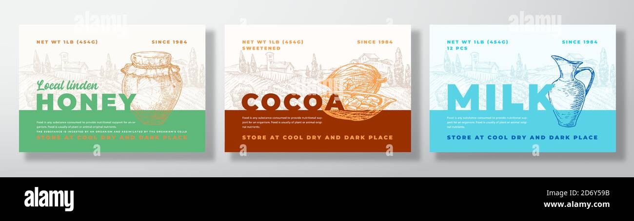 Hone, Cocoa Beans and Milk Food Label Templates Set. Abstract Vector ...
