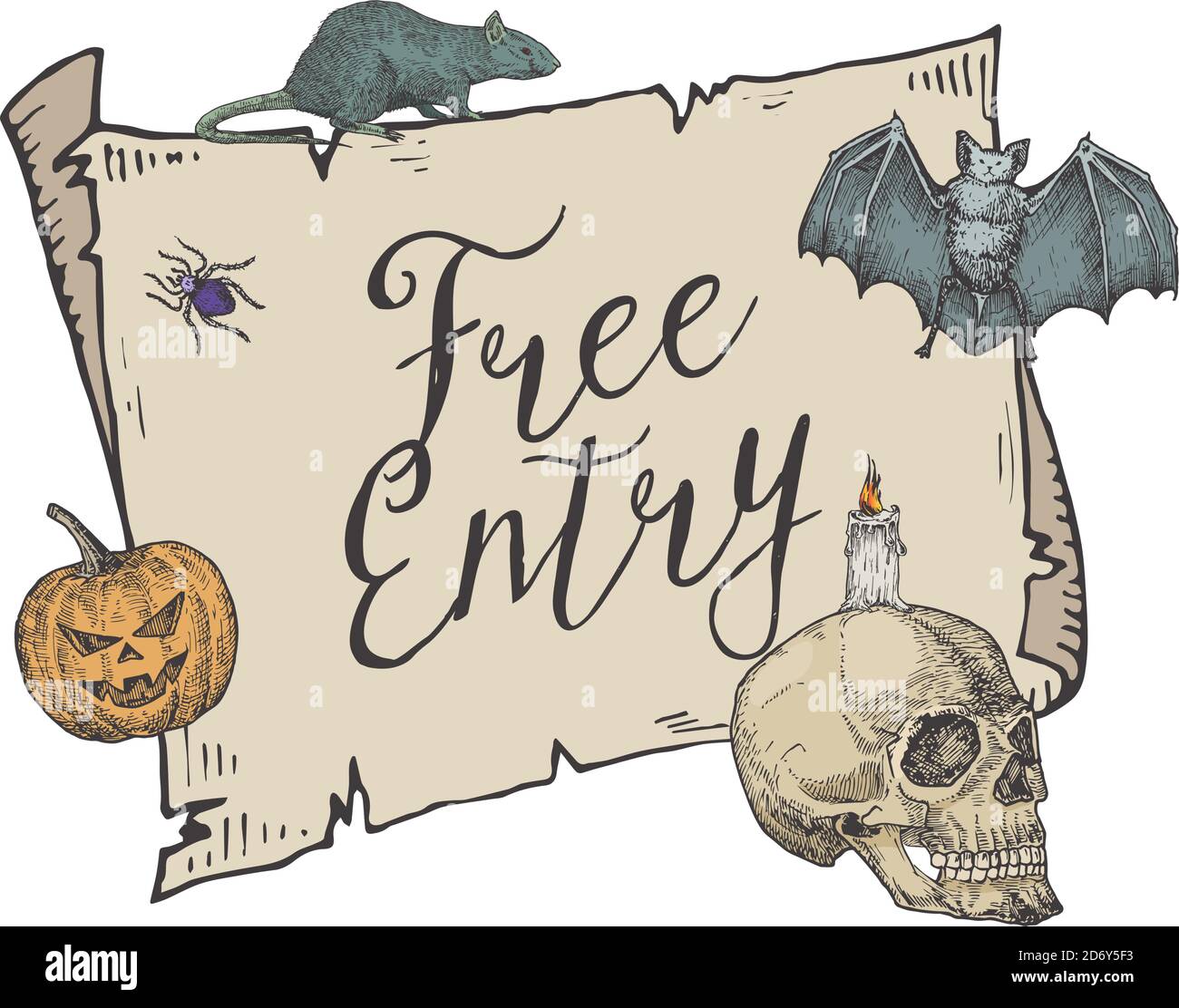 Happy Halloween Free Entry Vector Banner Template. Hand Drawn Scroll ... Happy Halloween Free Entry Vector Banner Template. Hand Drawn Scroll ...