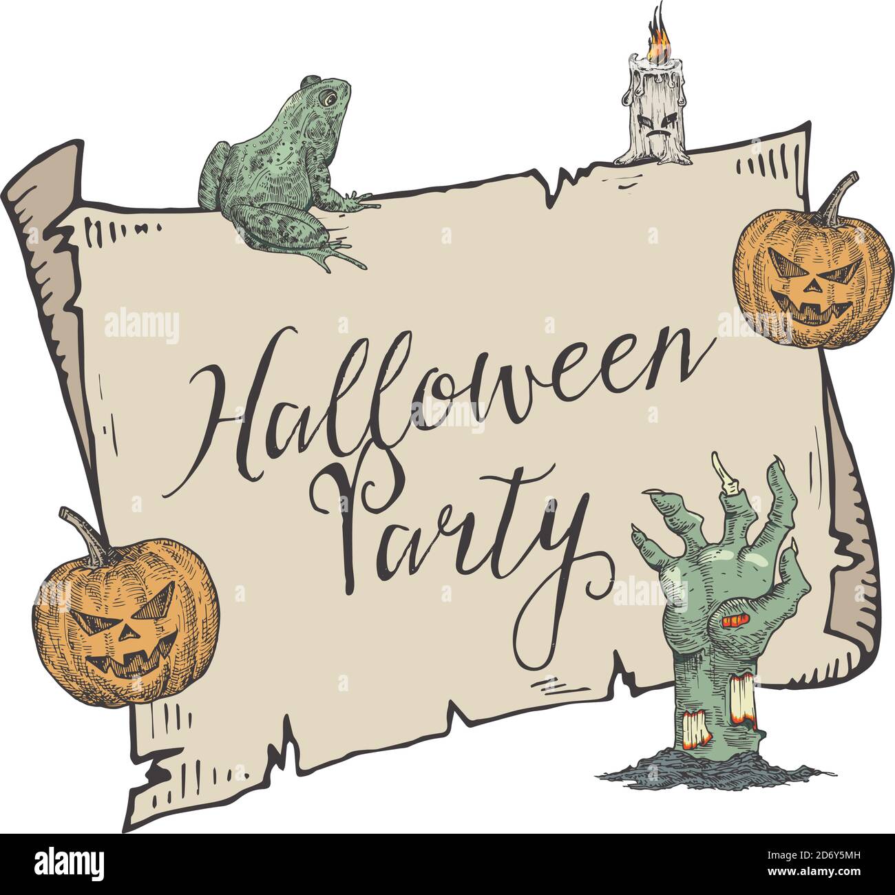 Halloween Party Vector Banner Template. Hand Drawn Scroll Paper ... Halloween Party Vector Banner Template. Hand Drawn Scroll Paper ...