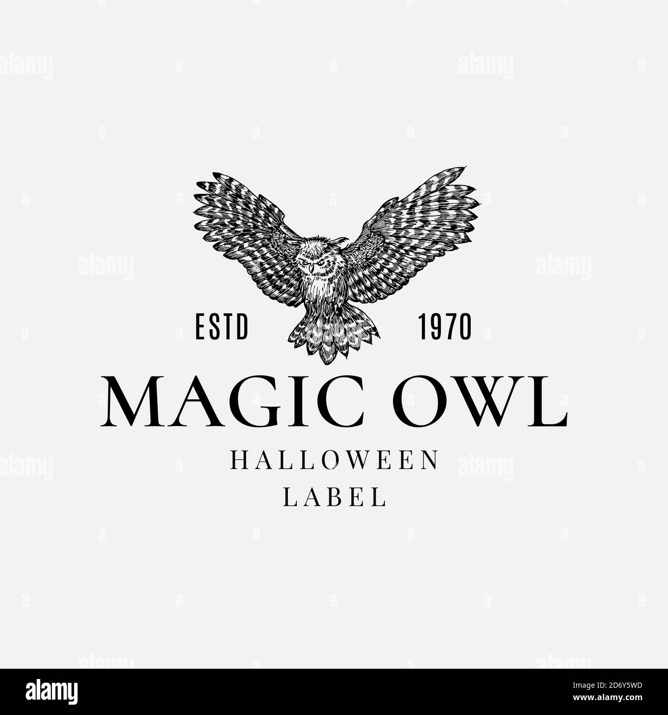 Halloween Logo or Label Template. Hand Drawn Evil Flying Owl Bird ...