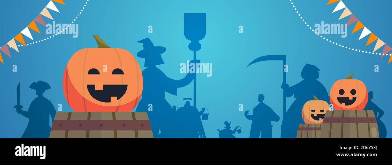 people silhouettes in different costumes celebrating happy halloween ...