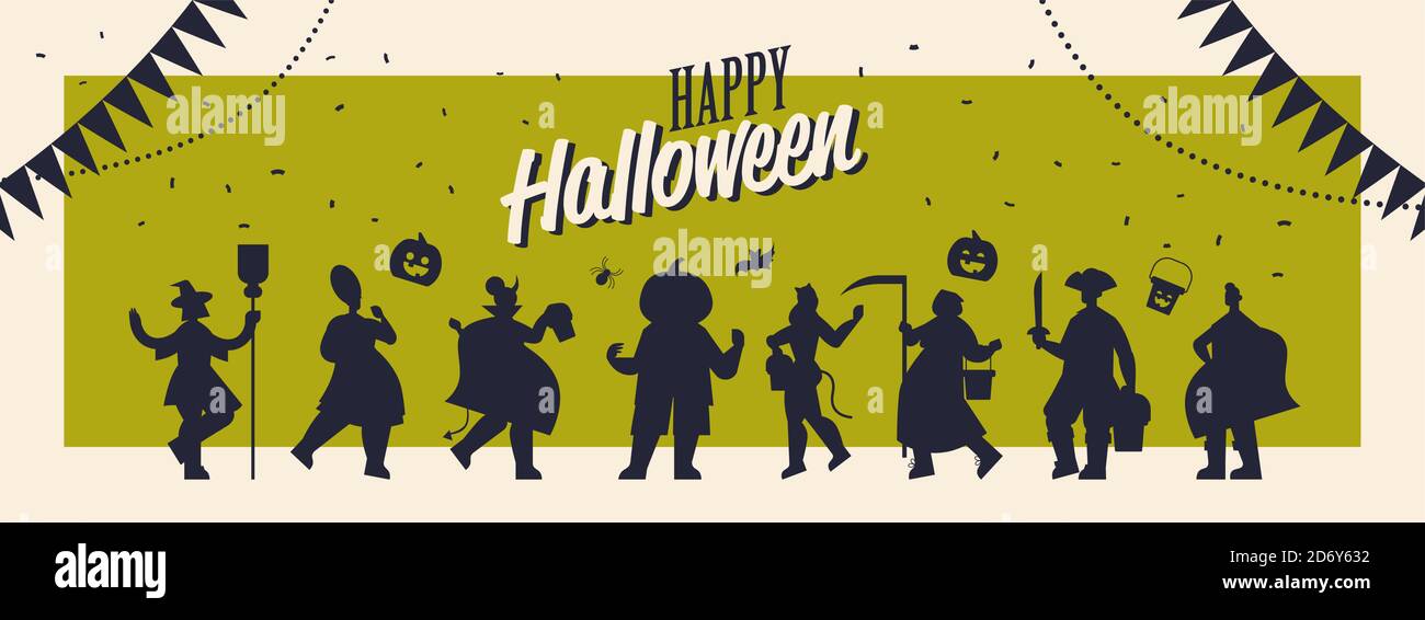 people silhouettes in different costumes celebrating happy halloween ...