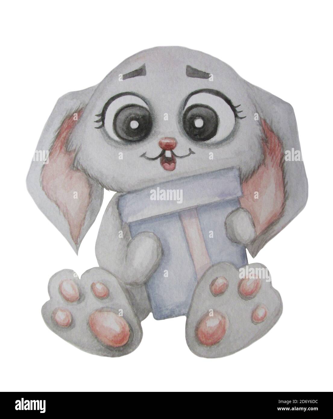 Cute cartoon rabbit sits with a gift in its paws. Watercolor, hand ...