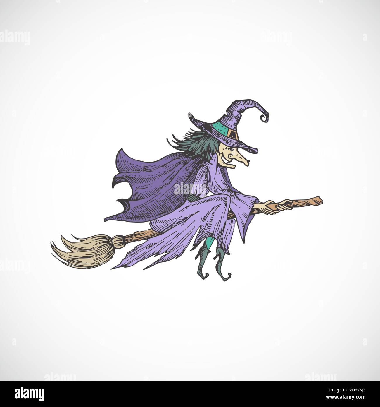 Hand Drawn Colorful Halloween Scary Witch Flying on a Broom. Abstract ...