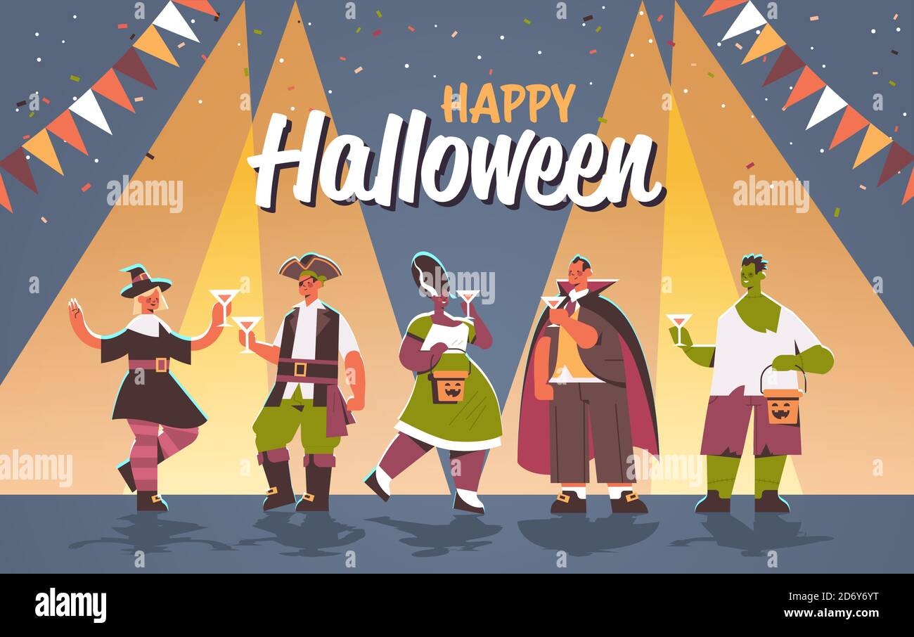 people in different costumes celebrating happy halloween party concept ...