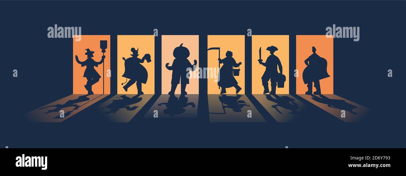 people silhouettes in different costumes celebrating happy halloween ...