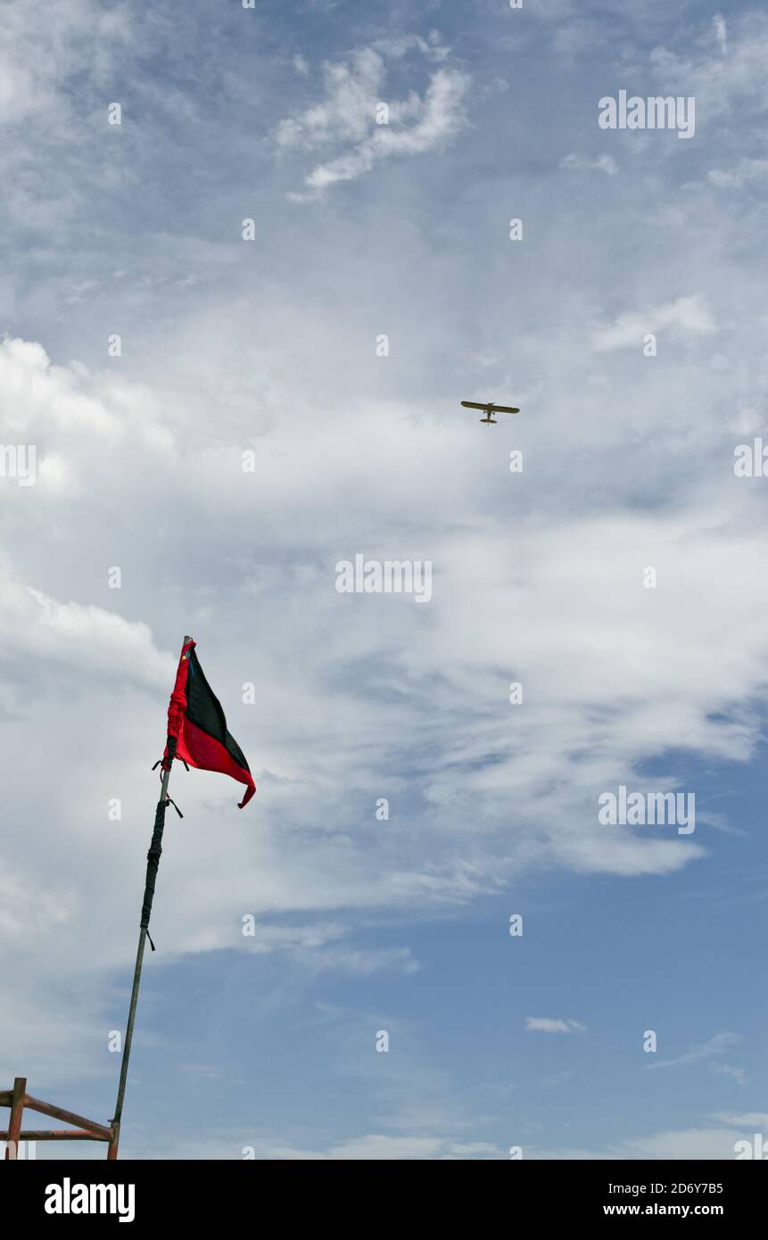Vertical shot of the flag of dangerous waters on a beach with a plane ...