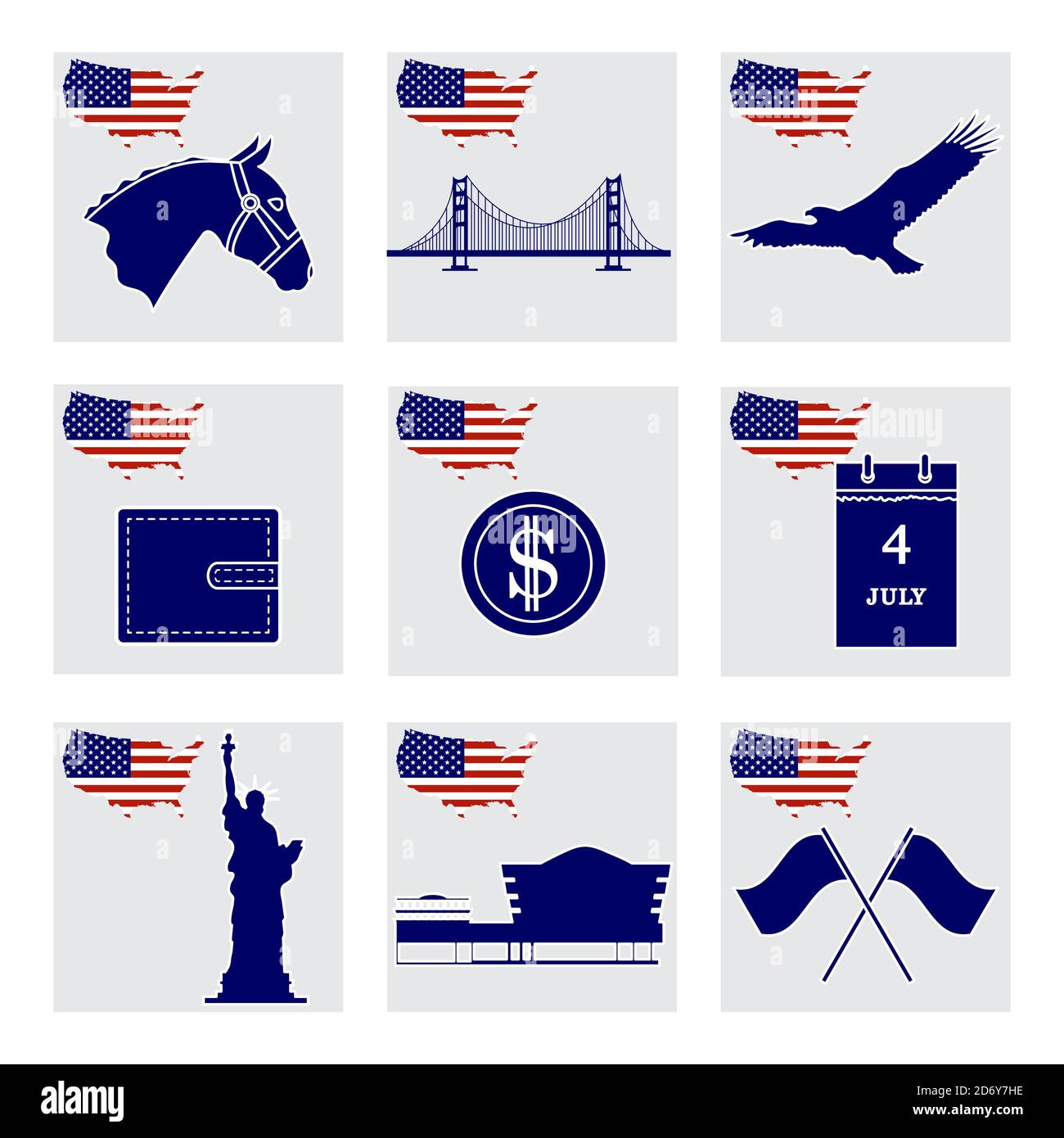 Vector Illustration USA set American national symbols Eagle, bridge ...