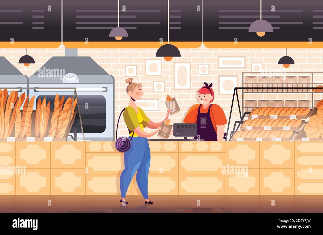 friendly saleswoman working and selling fresh bread to female customer ...