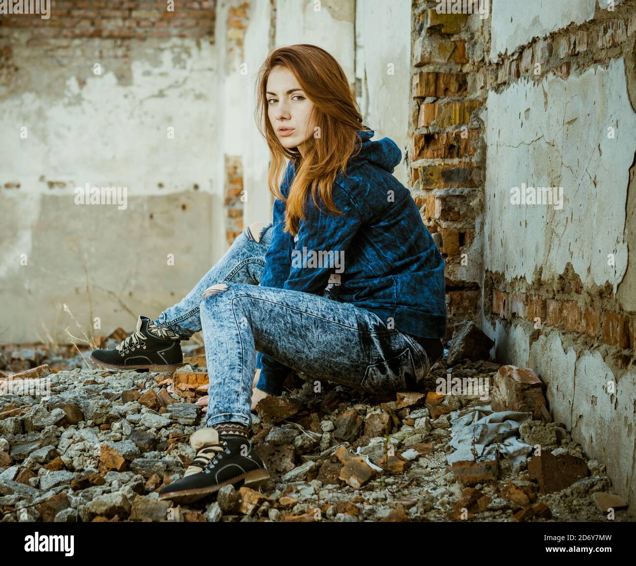 woman portrait at ruined house walls background Stock Photo - Alamy
