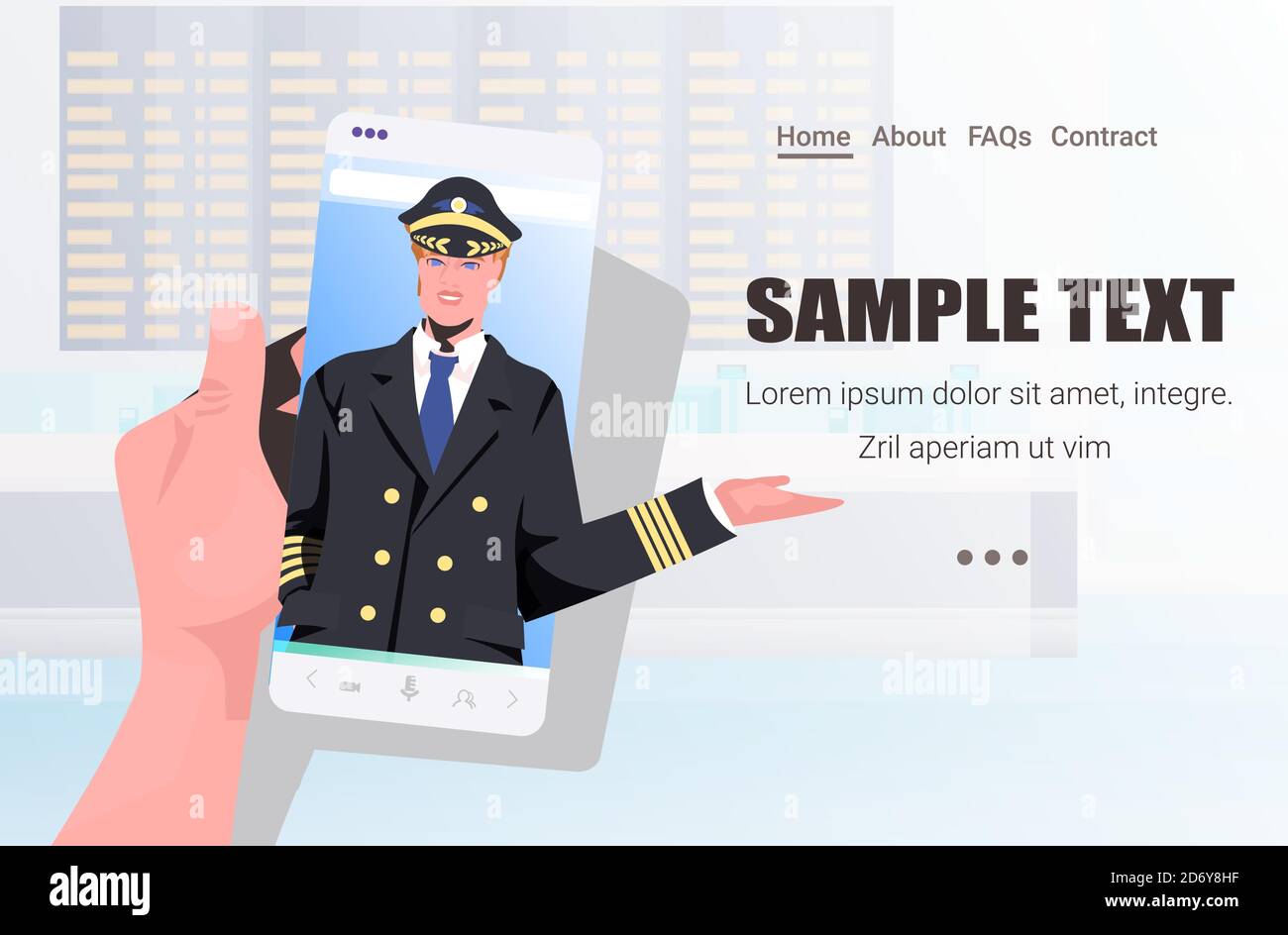male pilot in uniform on smartphone screen self isolation aviation ...