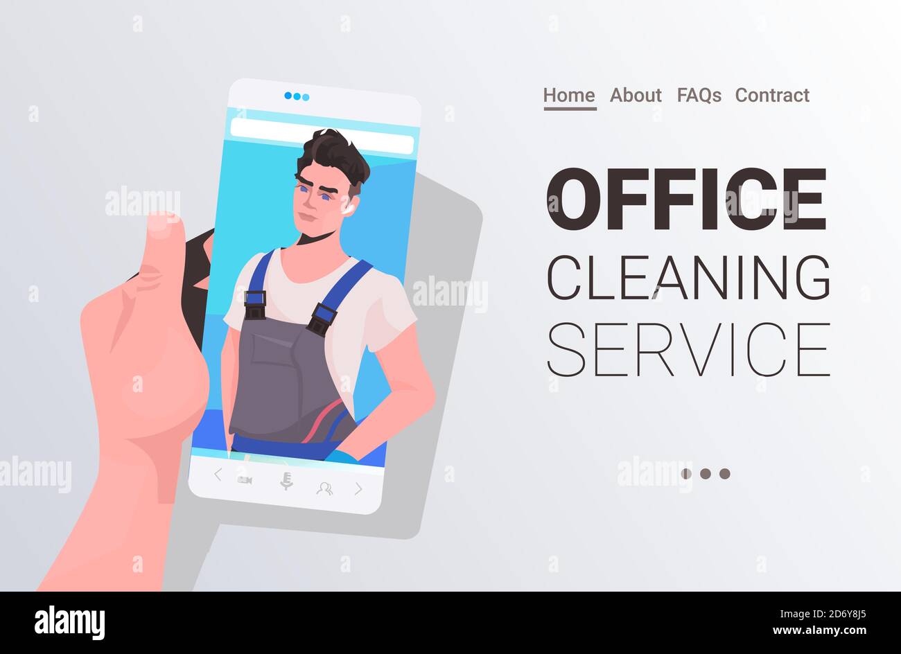 male janitor man cleaner on smartphone screen self isolation office ...