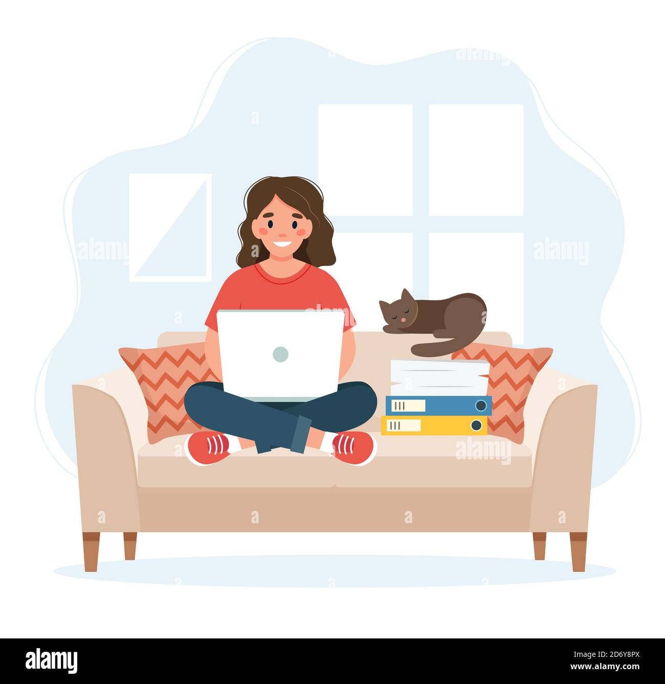 Home office concept, woman working from home sitting on a sofa, remote ...