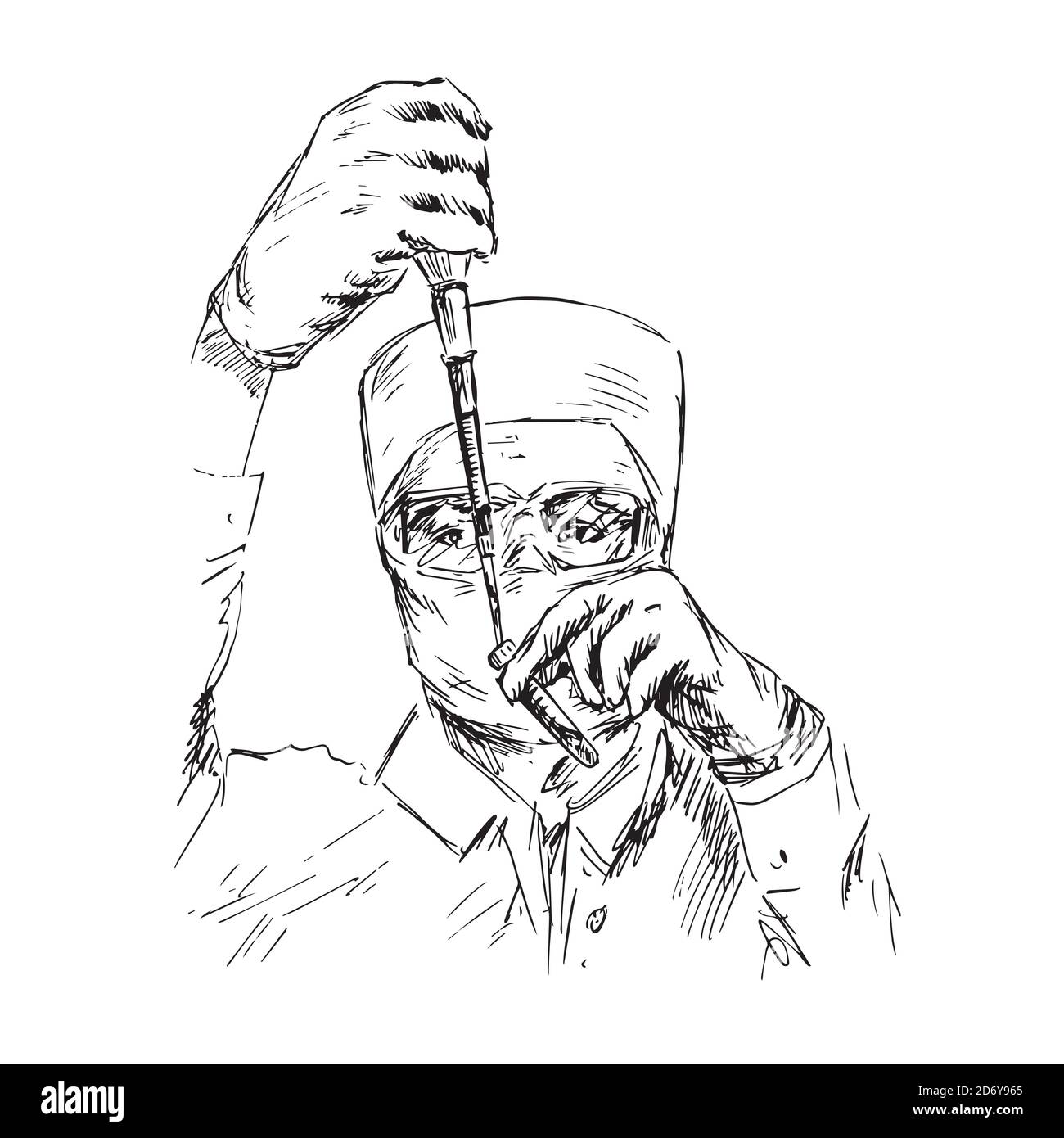 A scientist in glasses is filling a test tube, hand drawn doodle ...