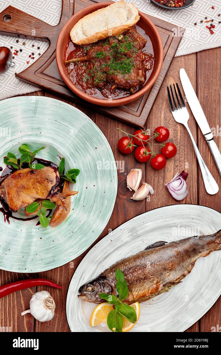 Top view of a cooked served dishes of restaurant's menu Stock Photo - Alamy