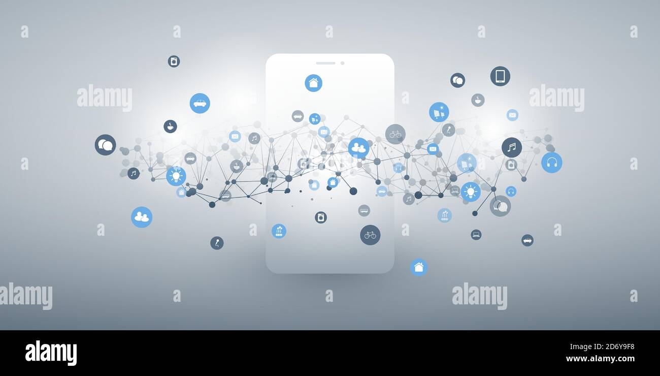 Internet of Things, Cloud Computing Design Concept with Mobile Phone Silhouette and Icons ...