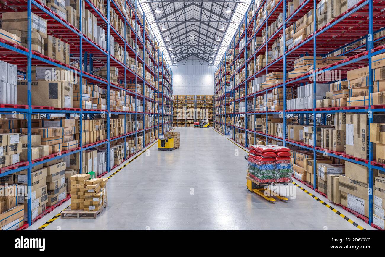 large warehouse full of goods and with lifting equipment. 3d render ...