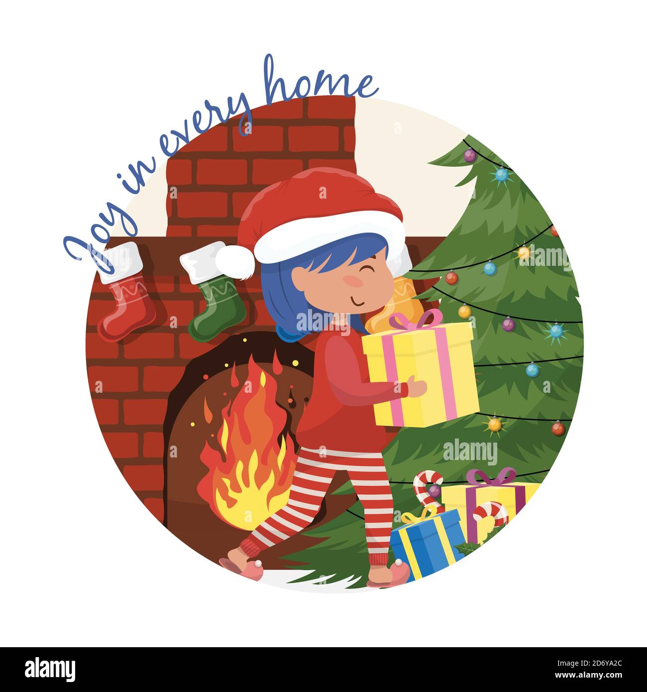 Cute girl carries gift box to the christmas tree cartoon Christmas ...